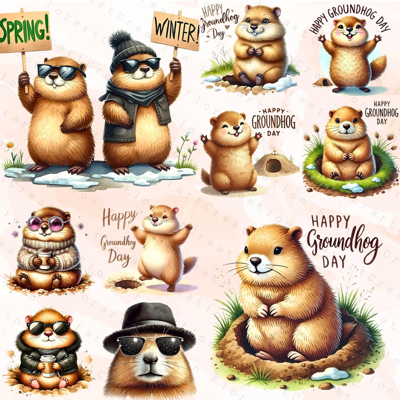 Groundhog Watercolor Clipart Bundle, Adorable Cute Groundhog, Groundhog ...