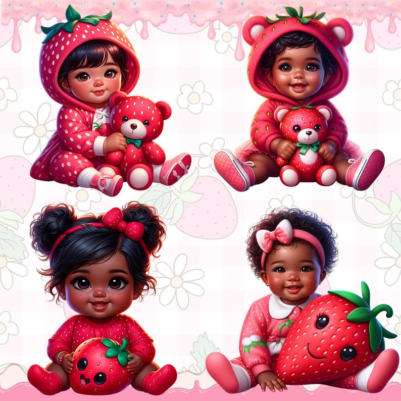 Strawberry Afro Baby Girl Clipart PNG: Cute Pink Baby Shower Clipart ...