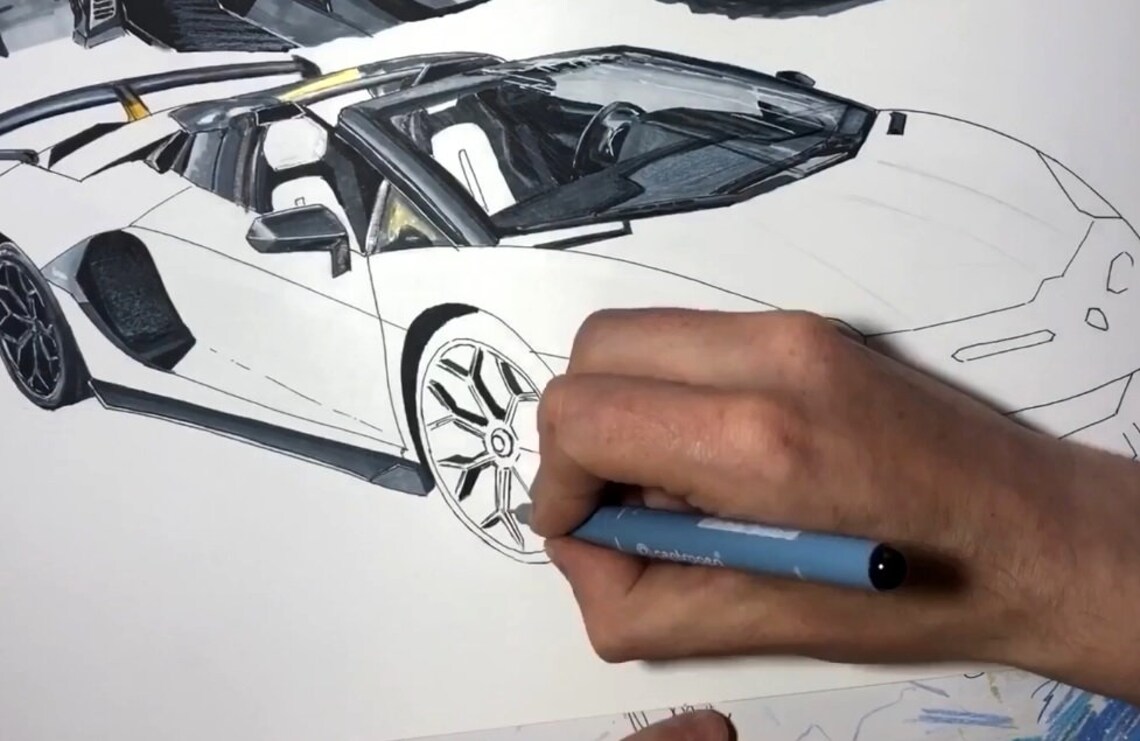 Drawing Lamborghini Aventador SVJ, Orange Lamborghini, Car Art, Hand ...