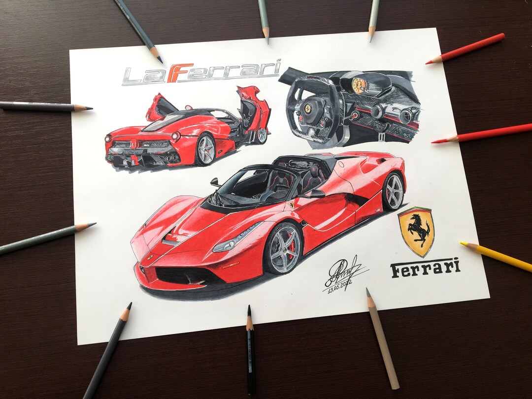 Drawing Ferrari Laferrari, Red Ferrari, Car Drawing, Car Portrait, Hand ...