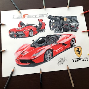 Drawing Ferrari Laferrari, Red Ferrari, Car Drawing, Car Portrait, Hand ...