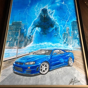 Drawing Godzilla and Nissan Skyline, GTR Drawing, Blue Skyline ...