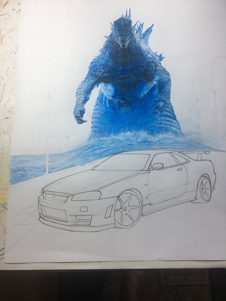 Drawing Godzilla and Nissan Skyline, GTR Drawing, Blue Skyline ...