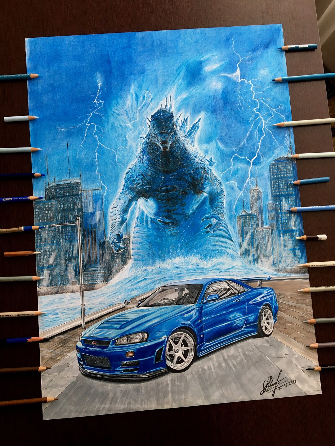 Dibujo Godzilla y Nissan Skyline, dibujo GTR, Blue Skyline, película ...