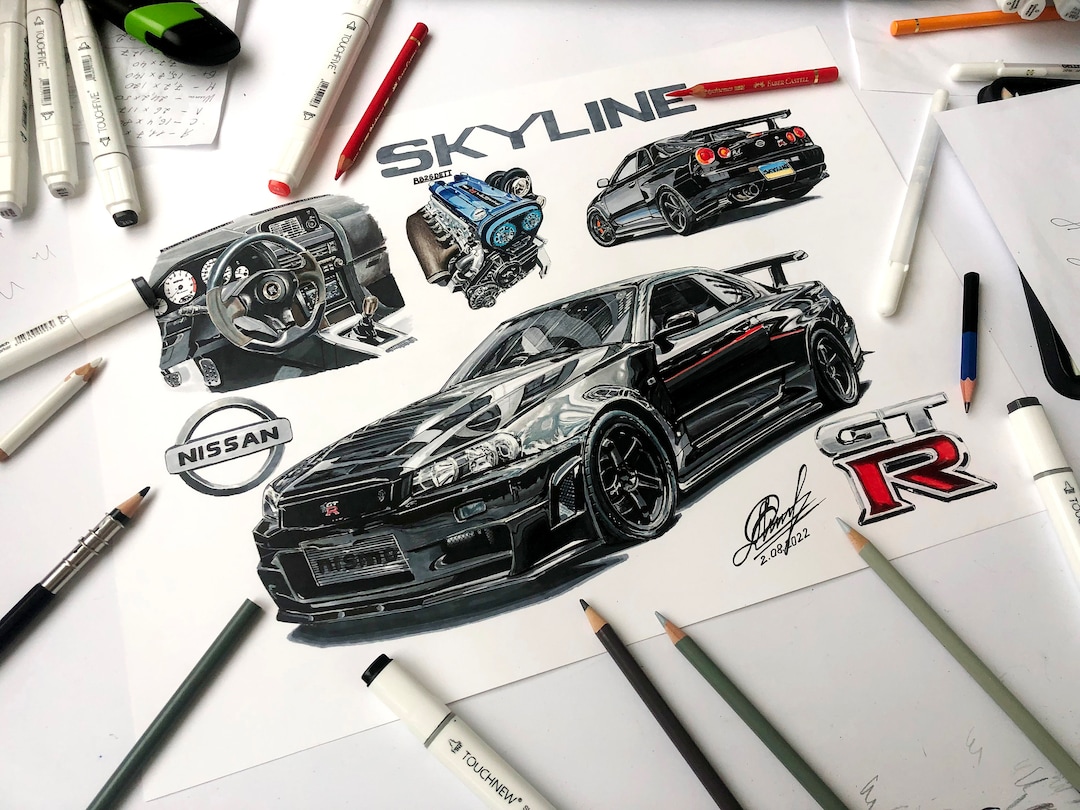 Nissan Skyline GTR-R34 Drawing, Car Portrait (digital Download) - Etsy