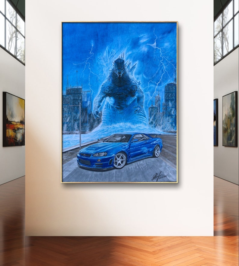 Drawing Godzilla and Nissan Skyline, GTR Drawing, Blue Skyline ...