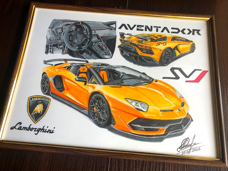 Drawing Lamborghini Aventador SVJ, Orange Lamborghini, Car Art, Hand ...