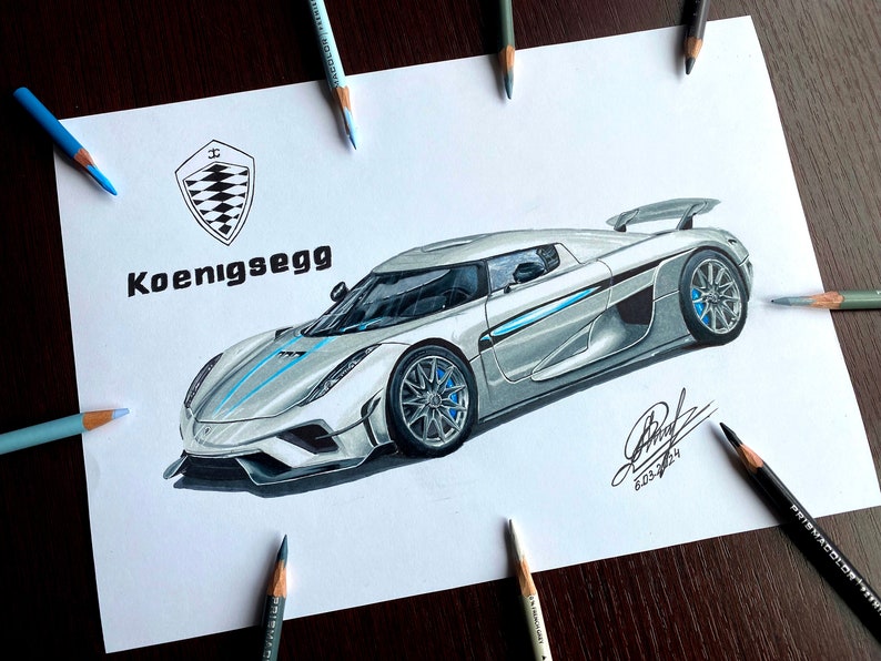Car Drawing, Set of 3 Koenigsegg, Digital Art, Handmade, Realistic ...