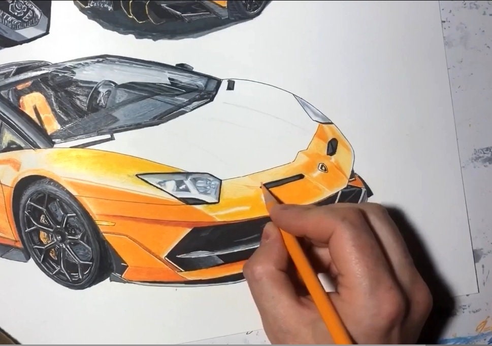 Drawing Lamborghini Aventador SVJ, Orange Lamborghini, Car Art, Hand ...
