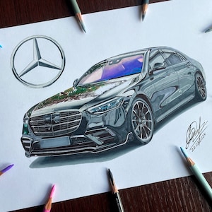 Drawing Cars, Set of 3 Mercedes, Mercedes Poster, Car Art, Mercedes ...