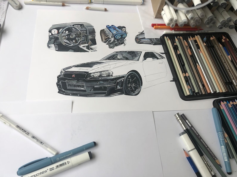 Drawing Nissan Skyline, Car Drawing, Drawing GTR-R34 Skyline, Digital ...