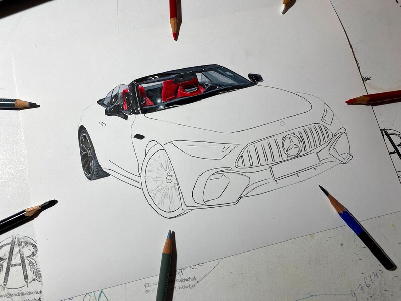 Drawing Cars, Set of 3 Mercedes, Mercedes Poster, Car Art, Mercedes ...