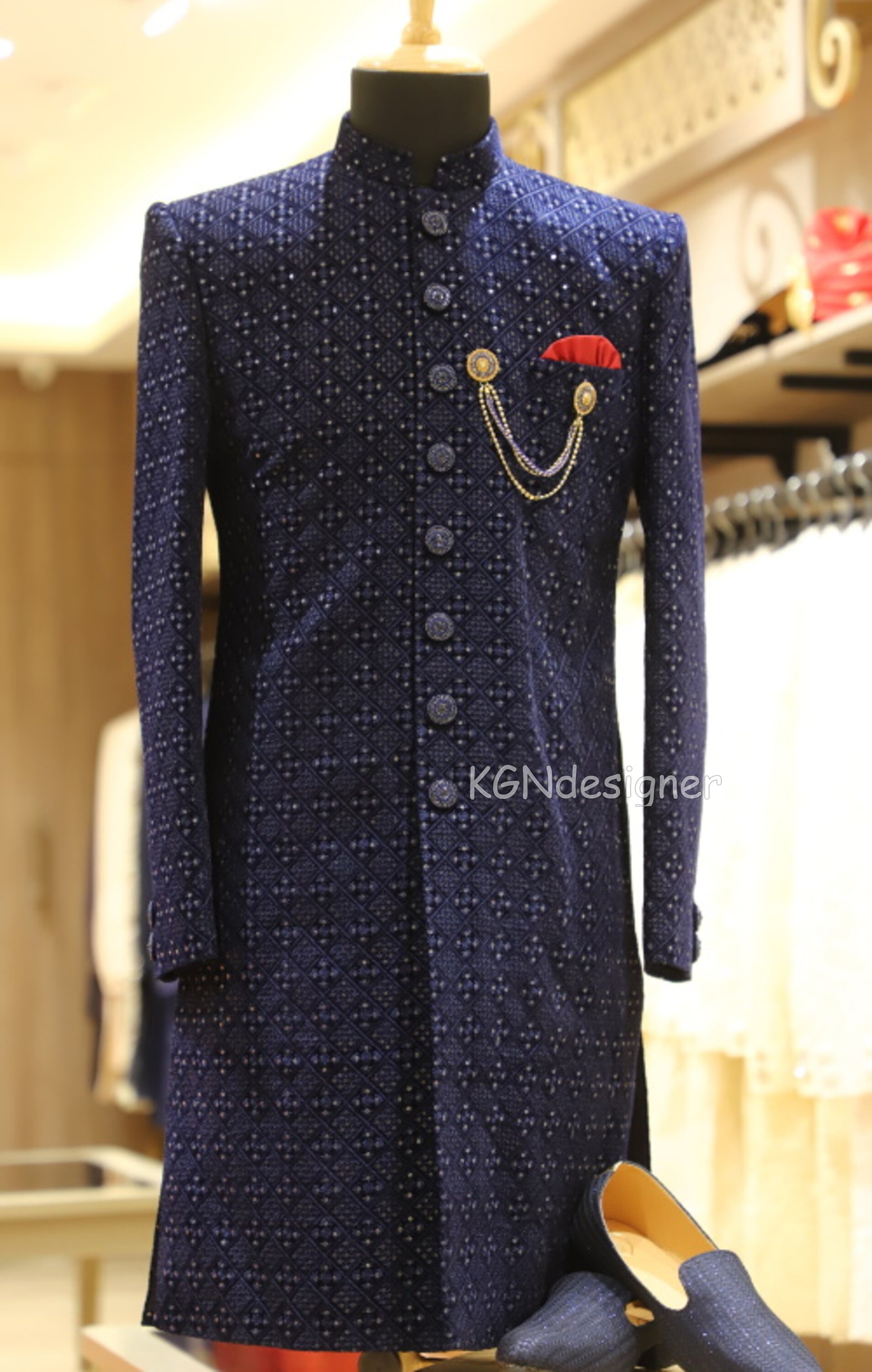 Sparkling Navy Blue Sequins Embroidery Work Velvet Sherwani Suit With ...