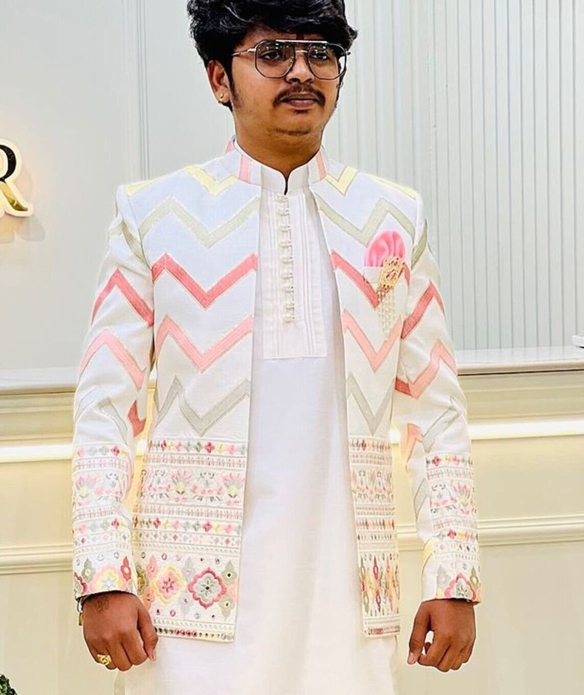 Multicolor Zig Zag Jodhpuri Jacket With White Kurta Set With Sequins ...