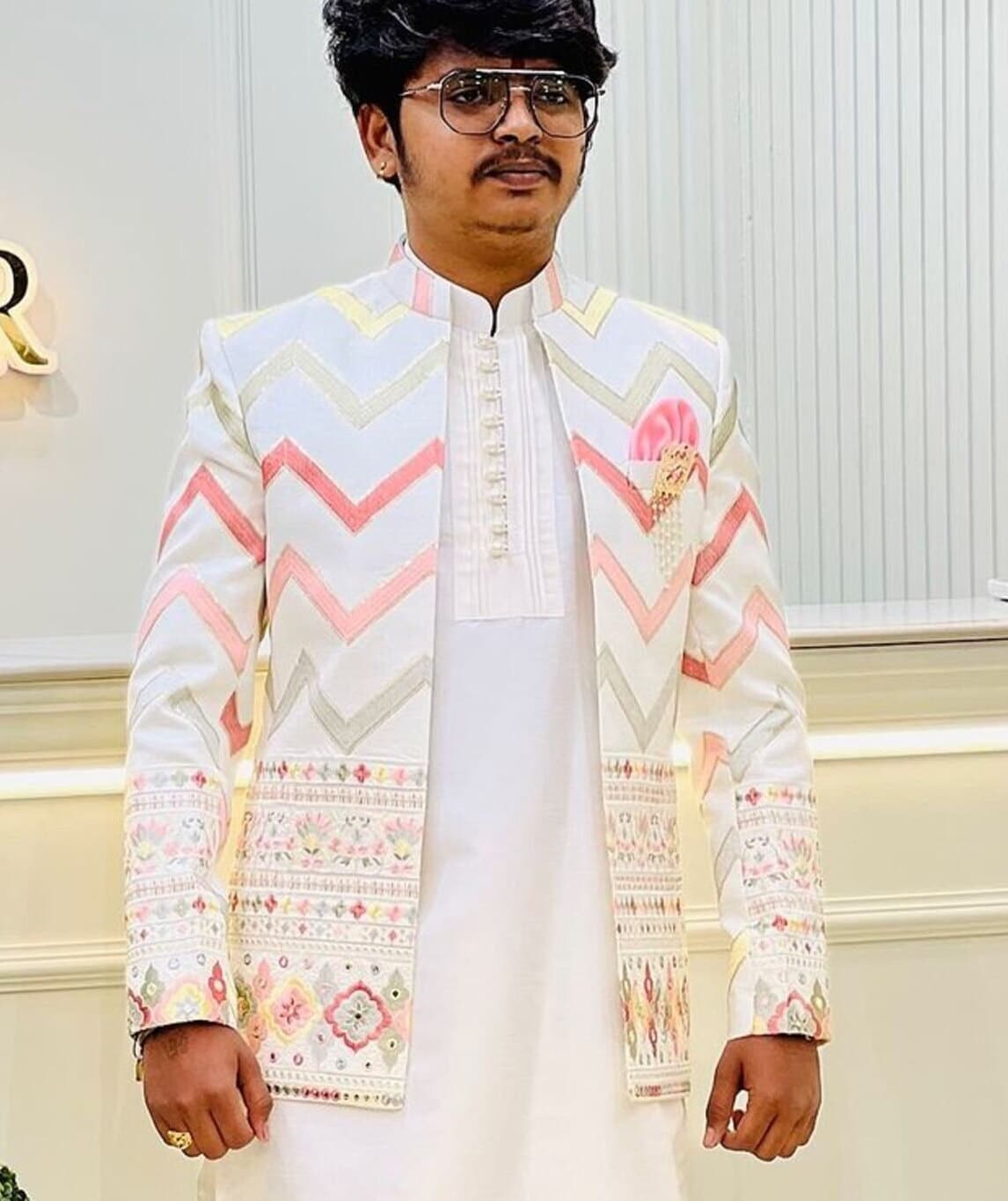 Multicolor Zig Zag Jodhpuri Jacket With White Kurta Set With Sequins and Embroidery Work for ...