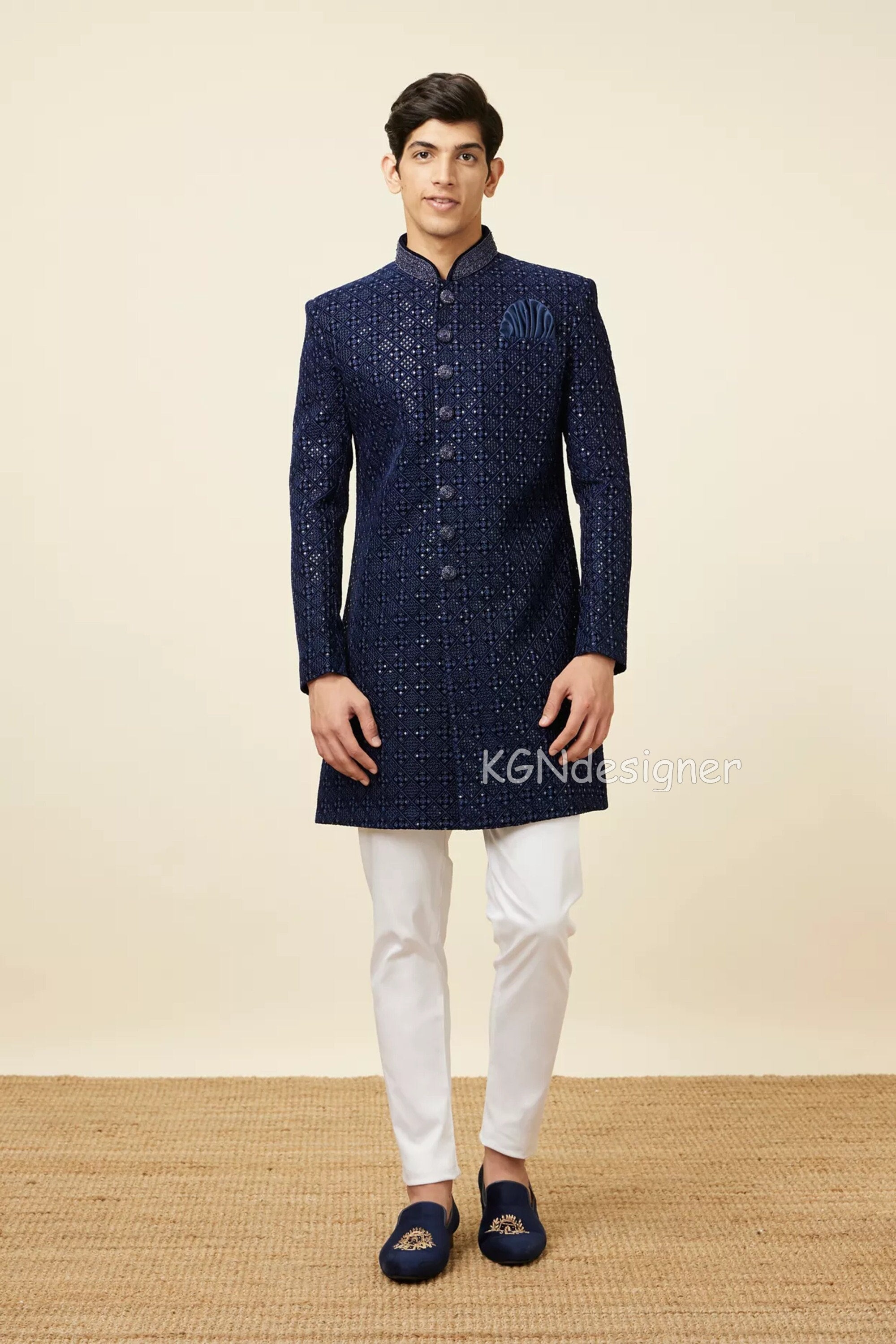 Sparkling Navy Blue Sequins Embroidery Work Velvet Sherwani Suit With ...
