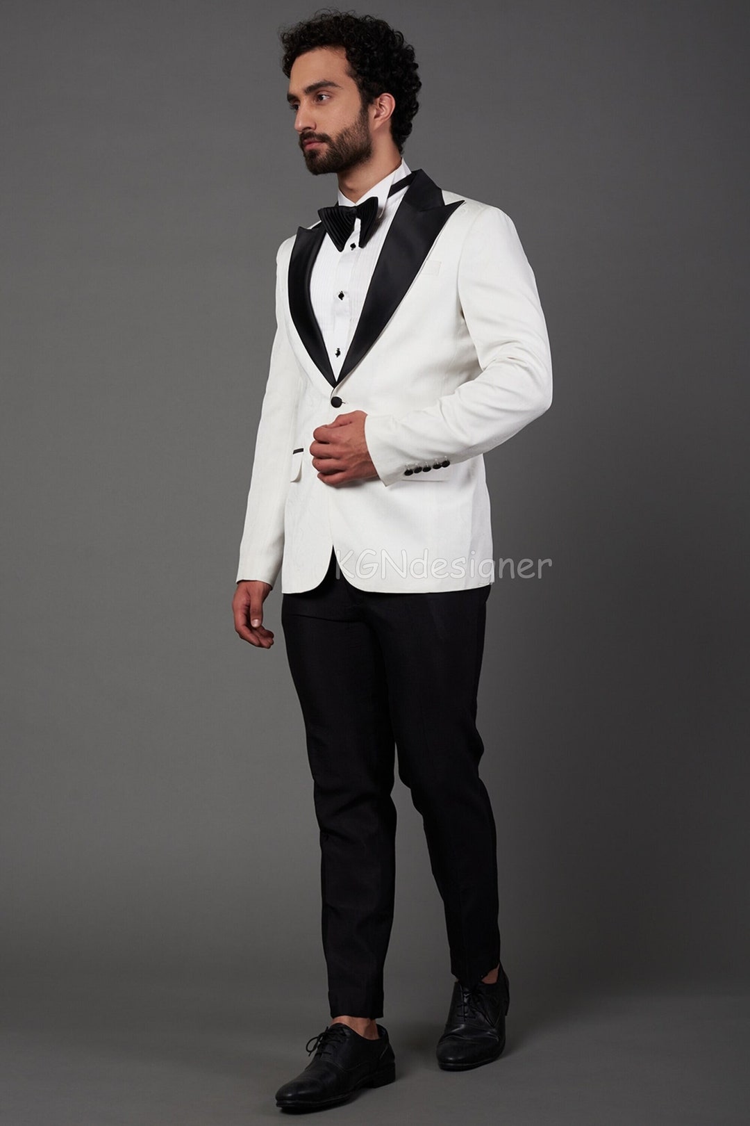 White Tuxedo Suit With Black Satin Lapel, Black Trouser, Cocktail Party ...