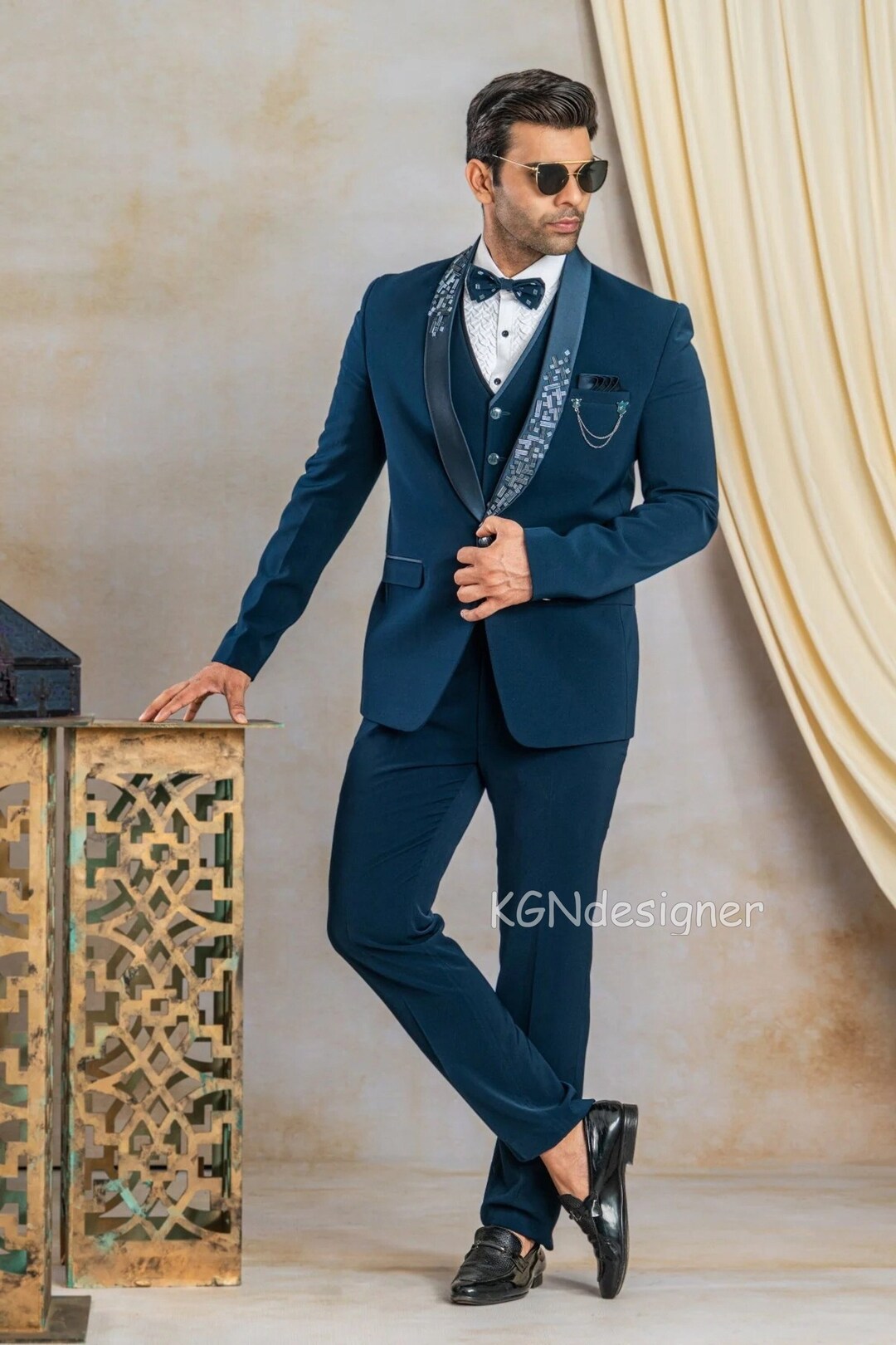 Teal Blue Tuxedo Suit, With Salli Work on Lapel, for Wedding, Party ...