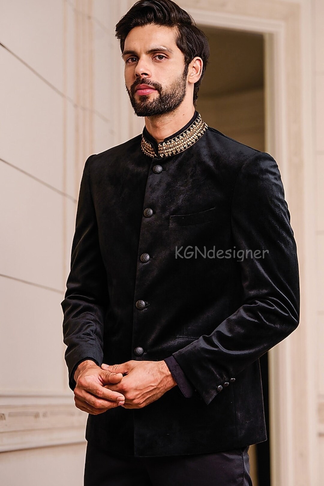 Black Velvet Jodhpuri Suit, Golden Handwork Collar, Wedding Reception ...