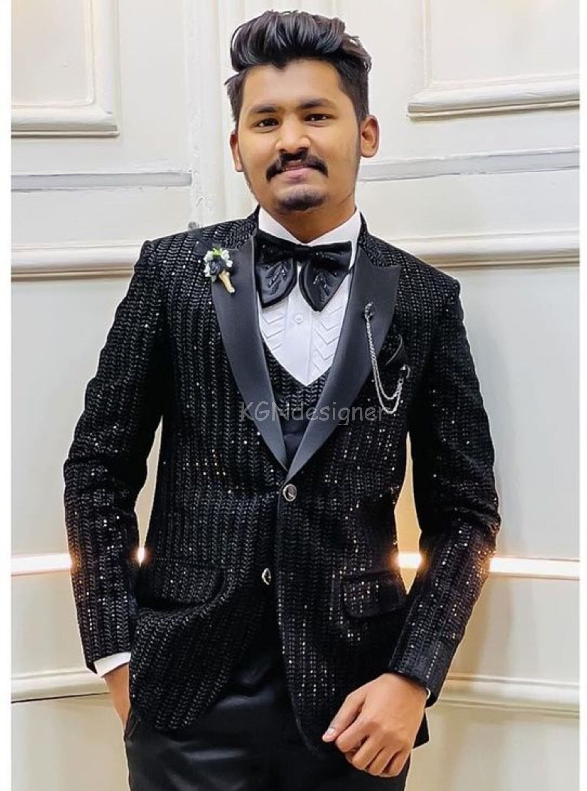 Black Sparkling Tuxedo Suit With Black Micro Sequins Thread Work With ...