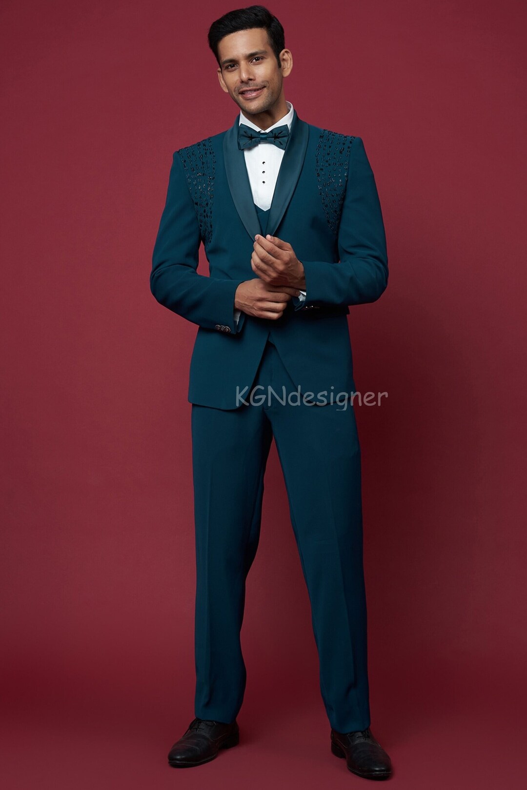 Designer Teal Blue Tuxedo Suit With Sparkling Beads Handwork & Satin ...