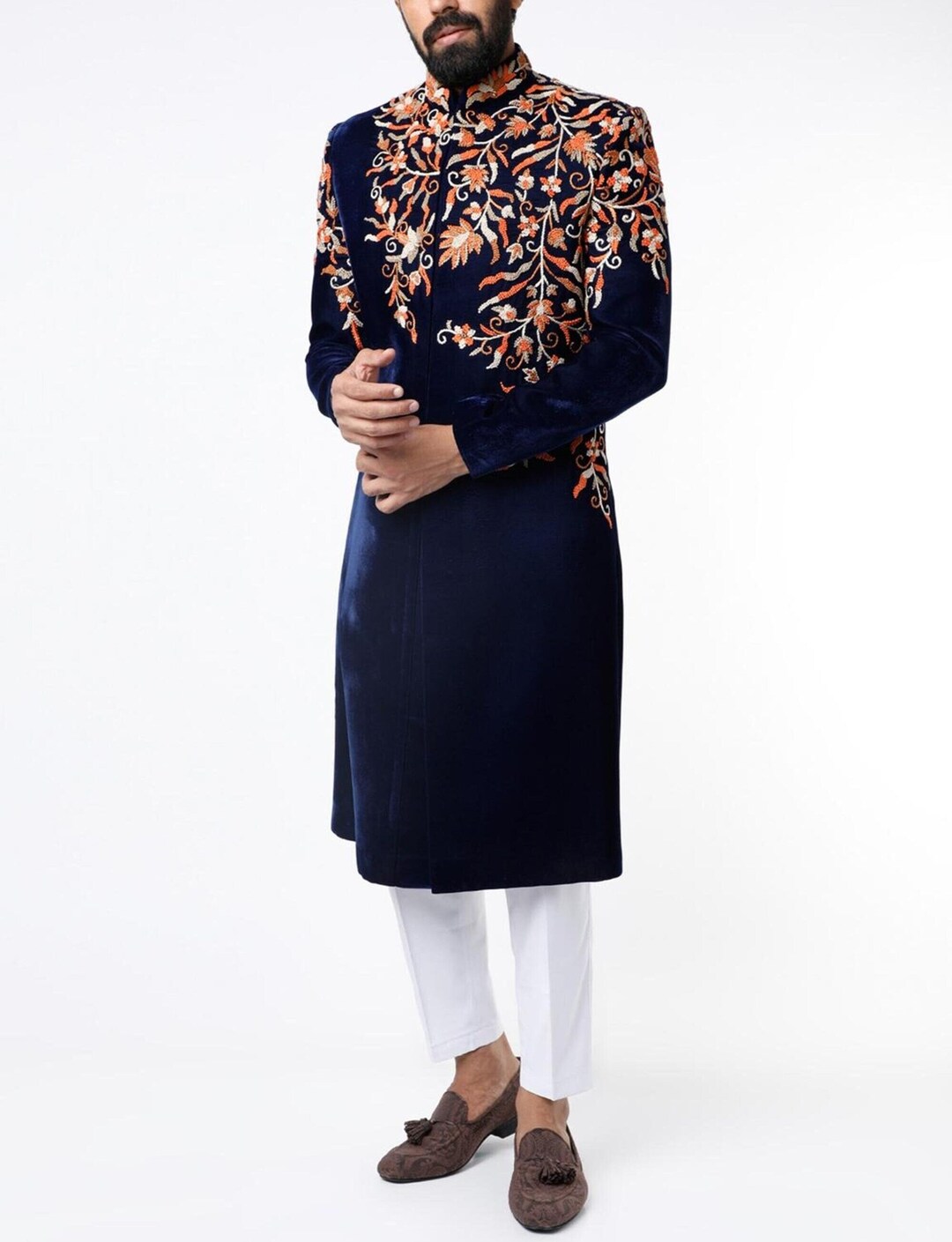 Navy Blue Nawabi Sherwani With Contrasting Hand Embroidery - Etsy