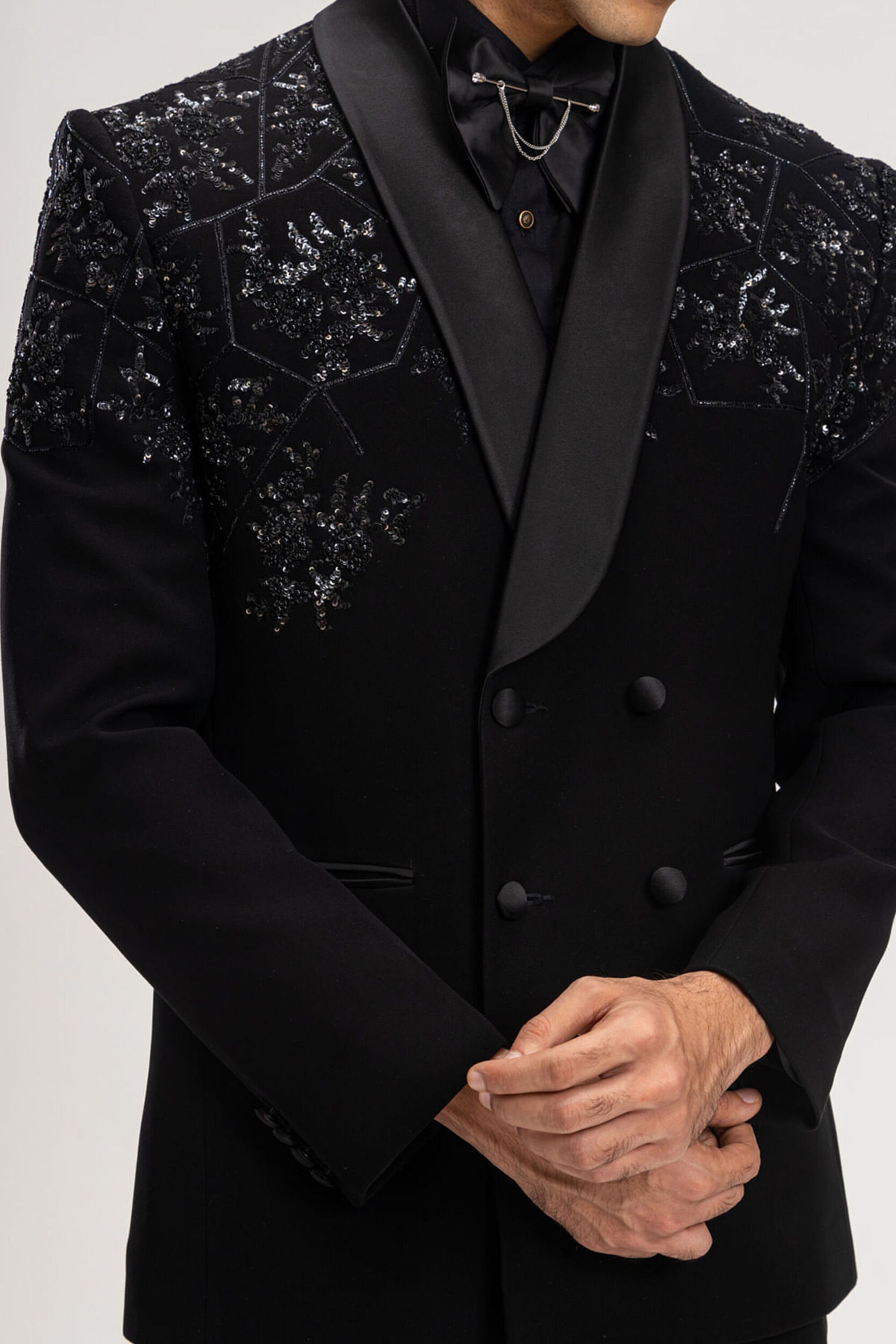 Black Allover Pearl and Sequins Handwork Double Brested Tuxedo Suit ...