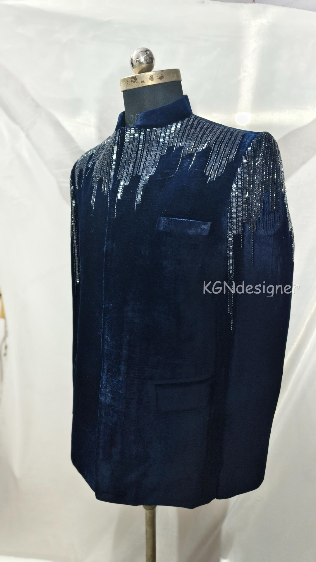 Sparkling Dark Blue Velvet Jodhpuri Suit, Handcrafted Salli Embroidery ...