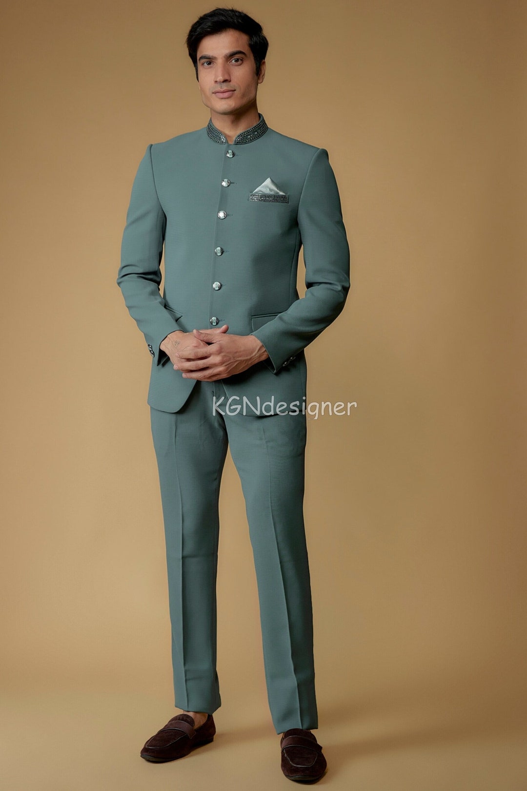 Deem Green Jodhpuri Suit With Handwork on Collar & Trouser for Rich ...