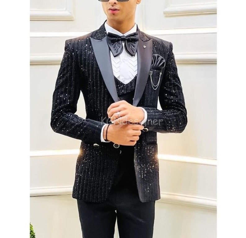Black Sequin Tuxedo Suit, Sparkling Party Attire, Satin Lapel for Prom ...