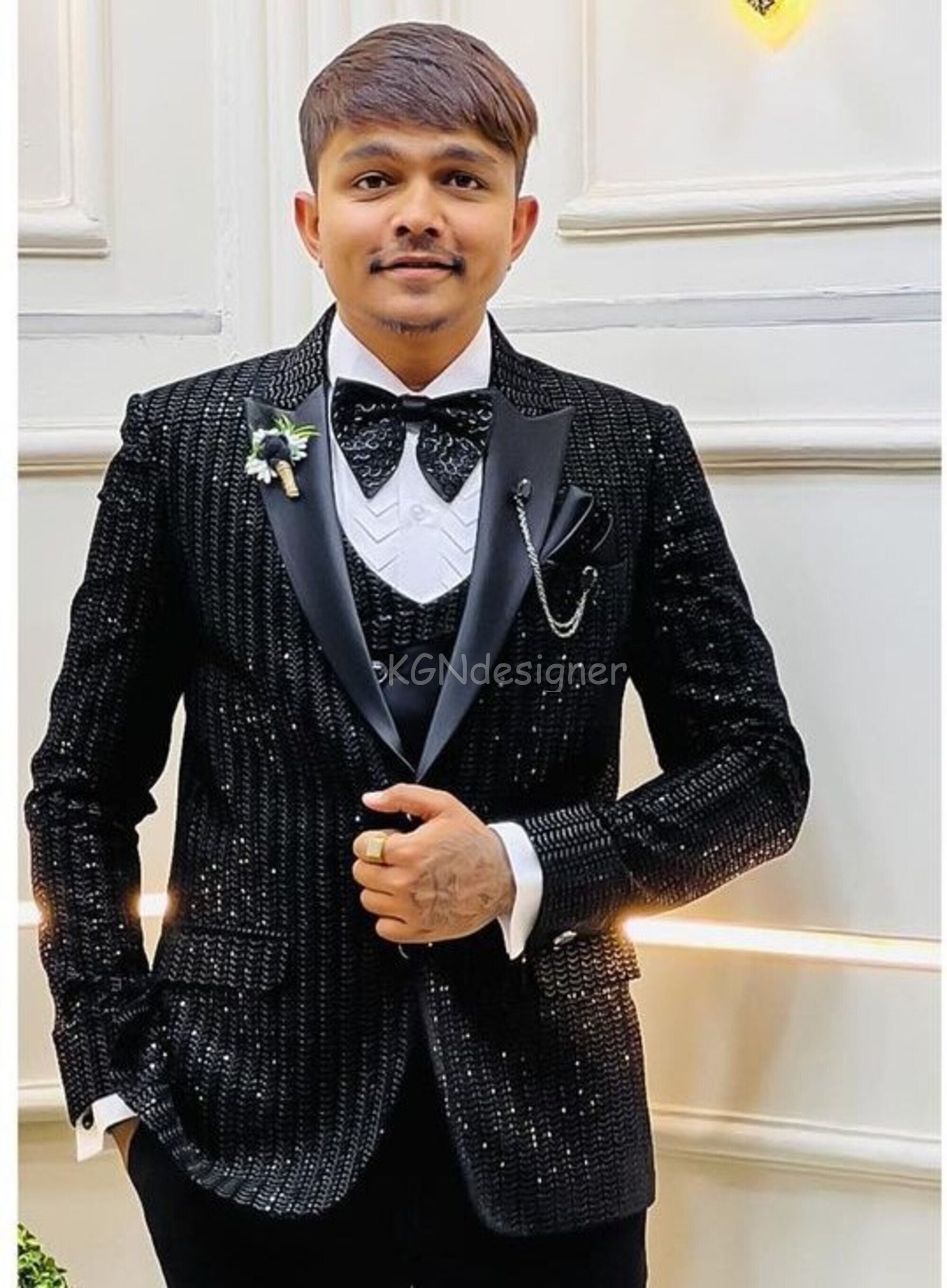 Black Sparkling Tuxedo Suit With Black Micro Sequins Thread Work With ...