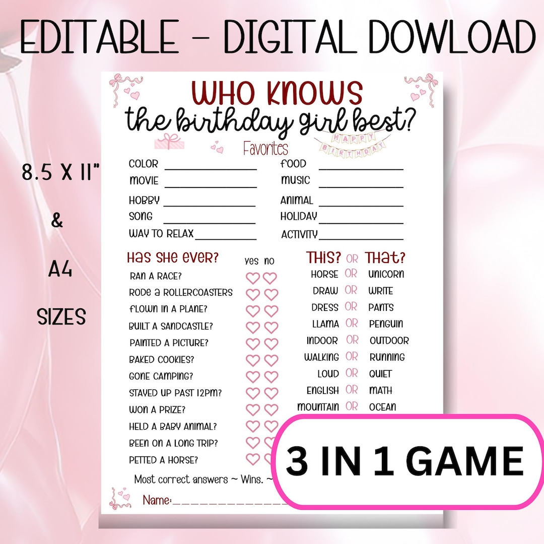 Birthday Girl Trivia Game: Party Activity, All Ages (canva Editable ...