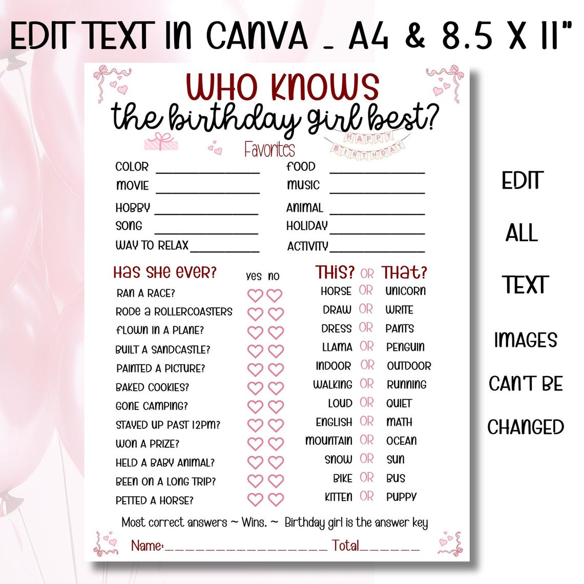 Birthday Girl Trivia Game: Party Activity, All Ages (canva Editable ...