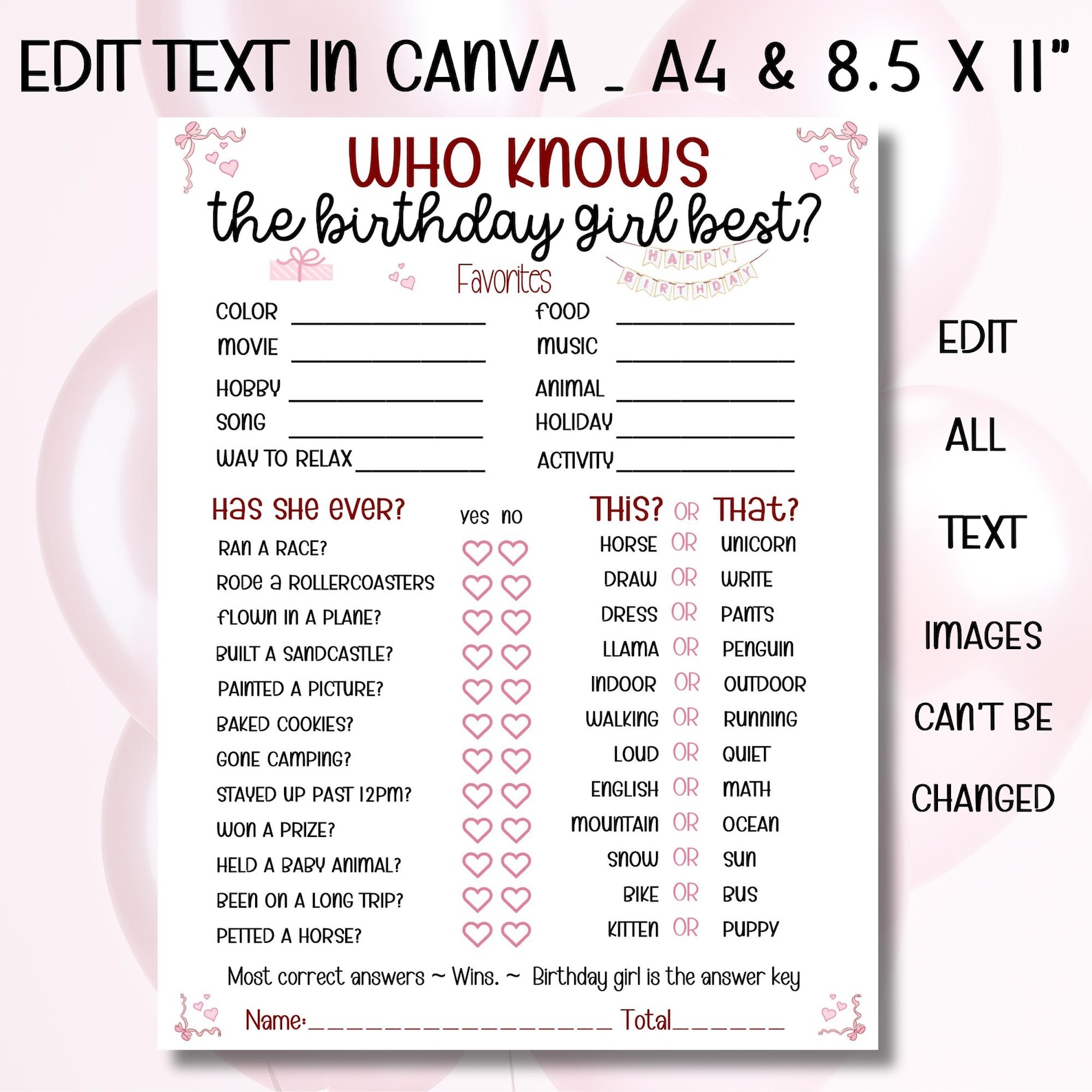 Birthday Girl Trivia Game: Party Activity, All Ages (canva Editable ...