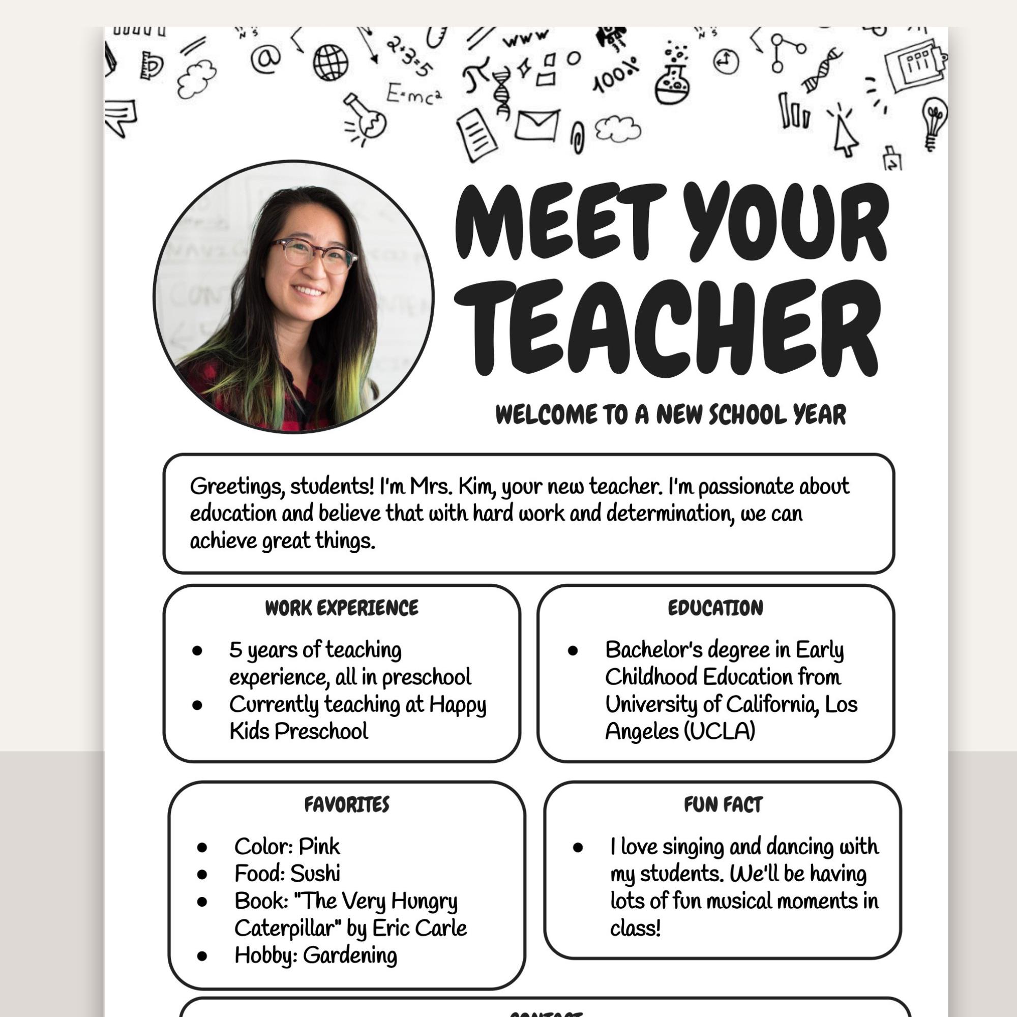 Meet the Teacher Google Docs Template | Black and White Teacher Intro ...