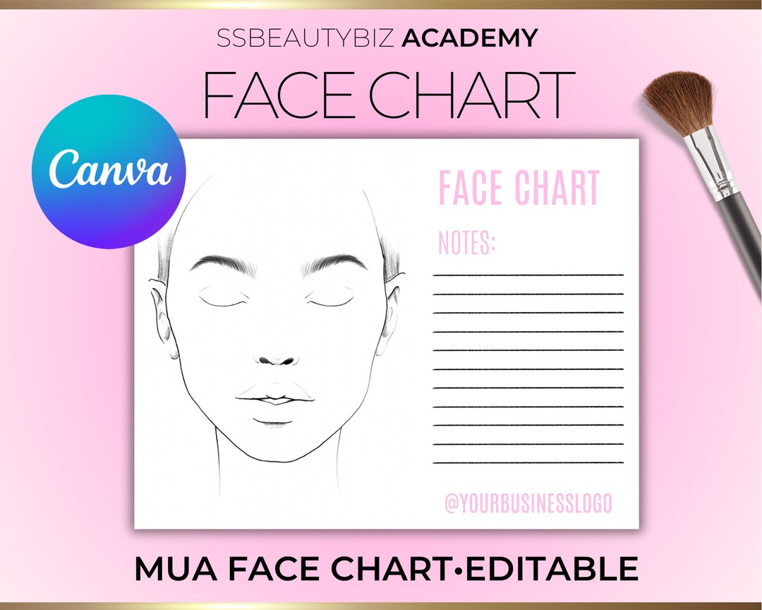 Makeup Artist Face Chart, Editable Canva Template Face Chart, Lash Tech, Nail Tech, Makeup ...