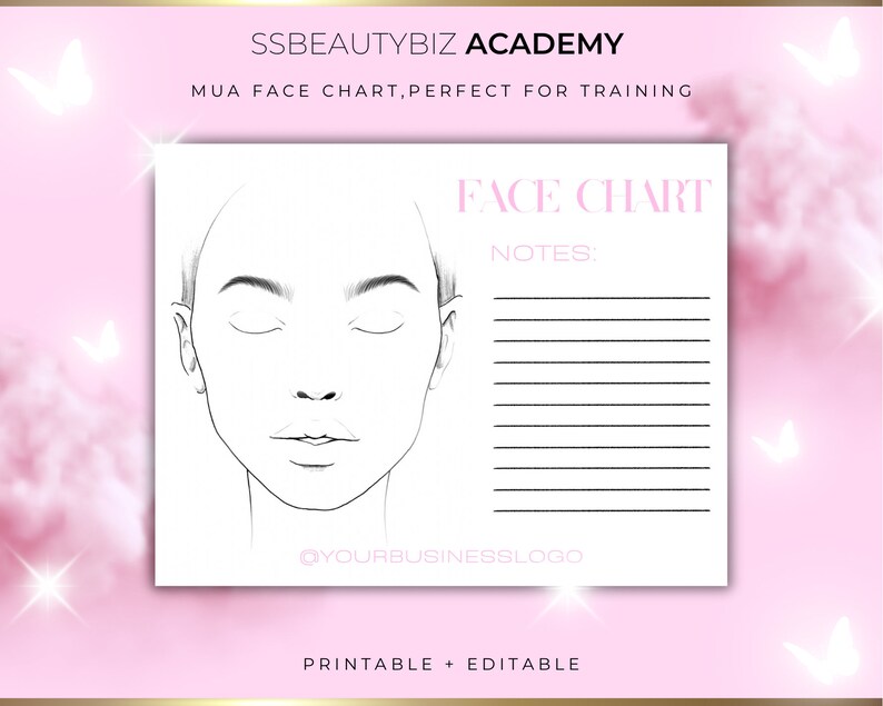 Makeup Artist Face Chart, Editable Canva Template Face Chart, Lash Tech, Nail Tech, Makeup ...