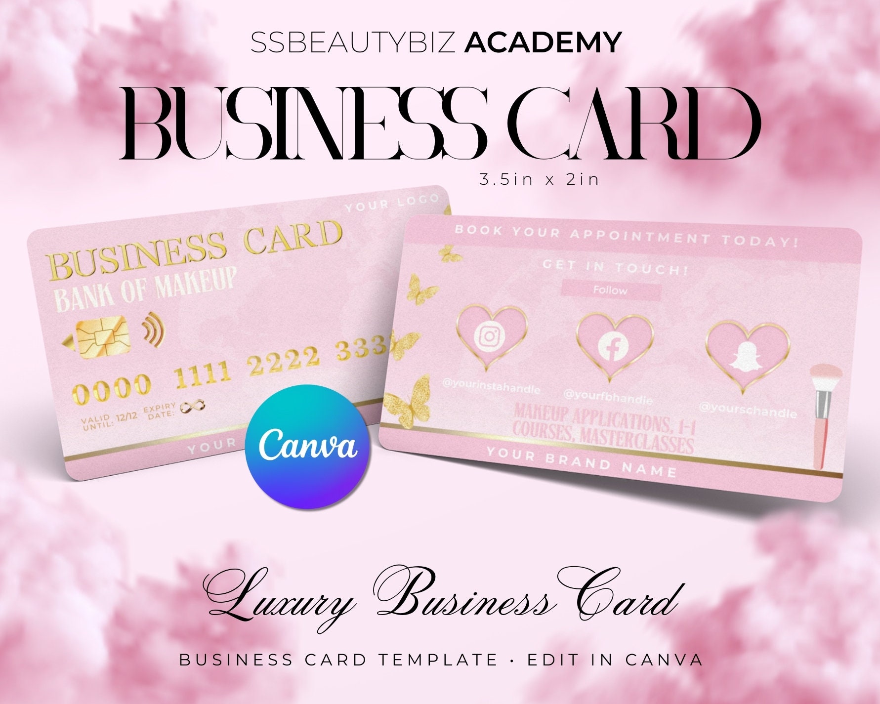 Pink & Gold Business Card Template: Credit Card Style, DIY Canva Design ...
