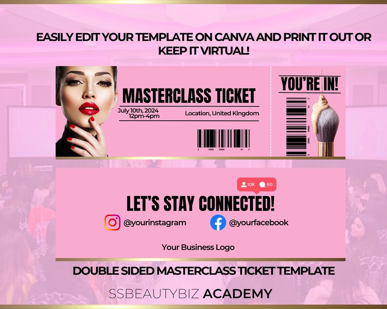 Pink Masterclass Double Sided Ticket Template, DIY Makeup Training ...