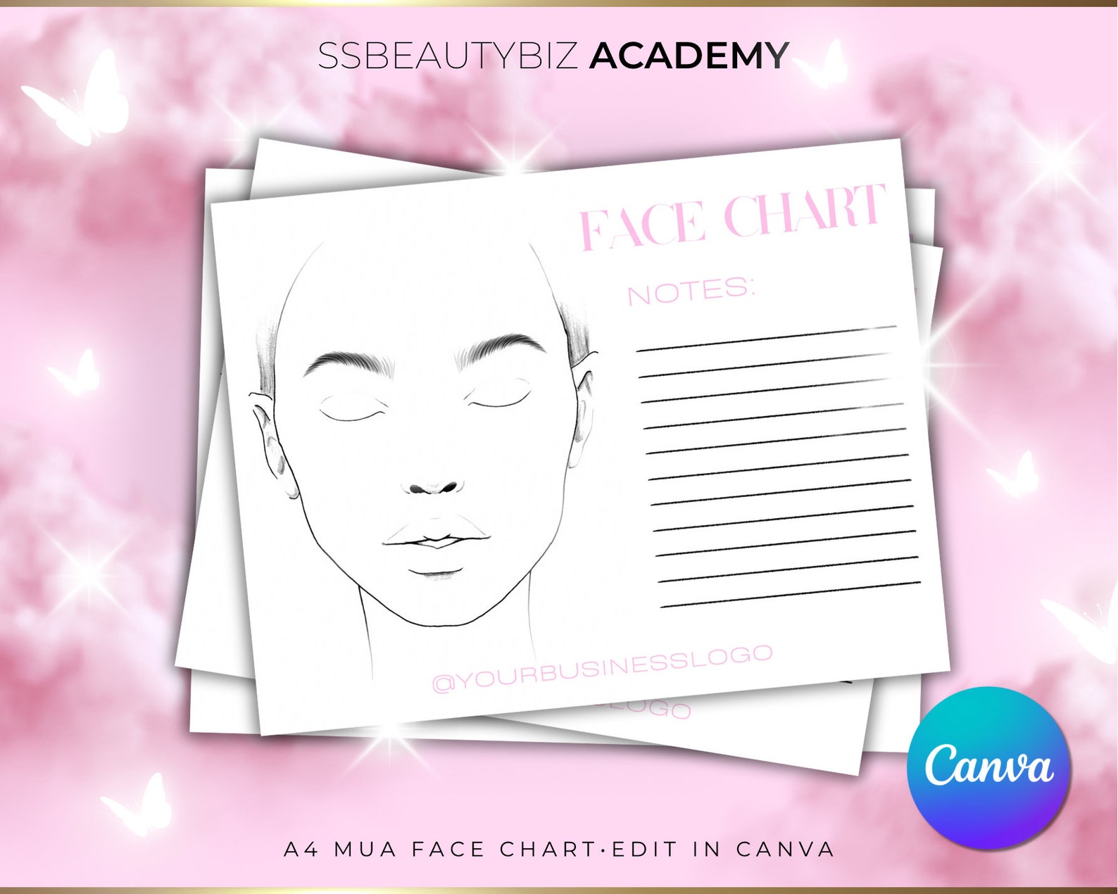 Makeup Artist Face Chart, Editable Canva Template Face Chart, Lash Tech, Nail Tech, Makeup ...