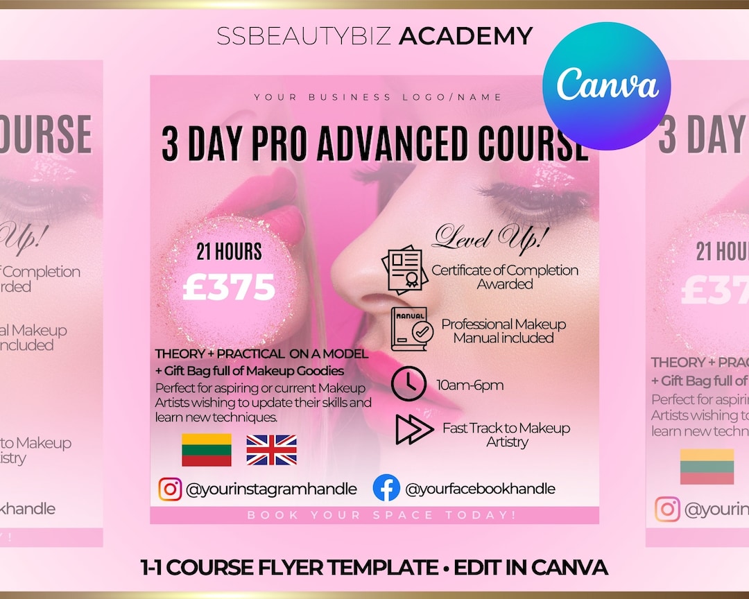 1-1 Makeup Course Flyer Template, DIY Makeup Training Masterclass Course Template, Lashes Tech ...