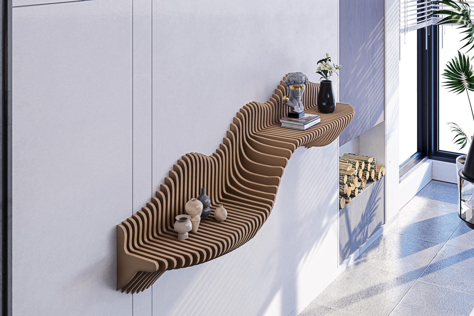 Parametric Wall Shelf, Wavy Wooden Wall Decor, Modern Furniture Wooden ...