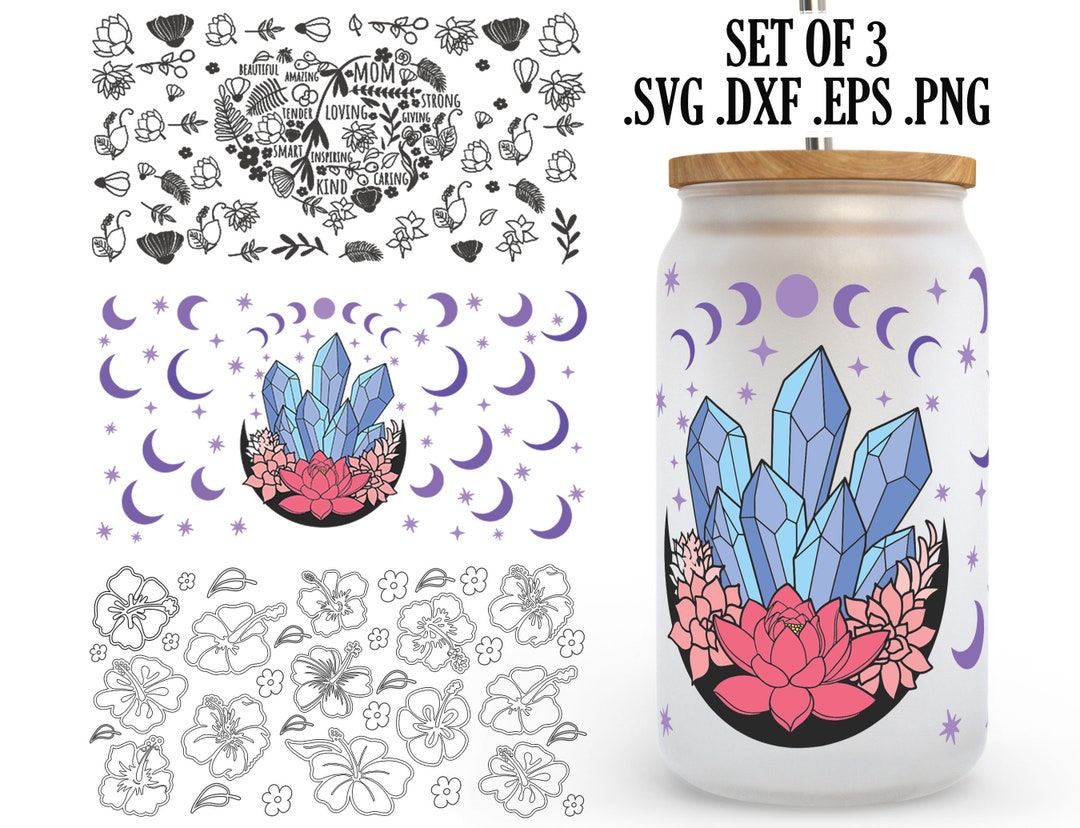 Set of 3 Line Art Flowers Glass Can Wrap Crystal Mystical - Etsy