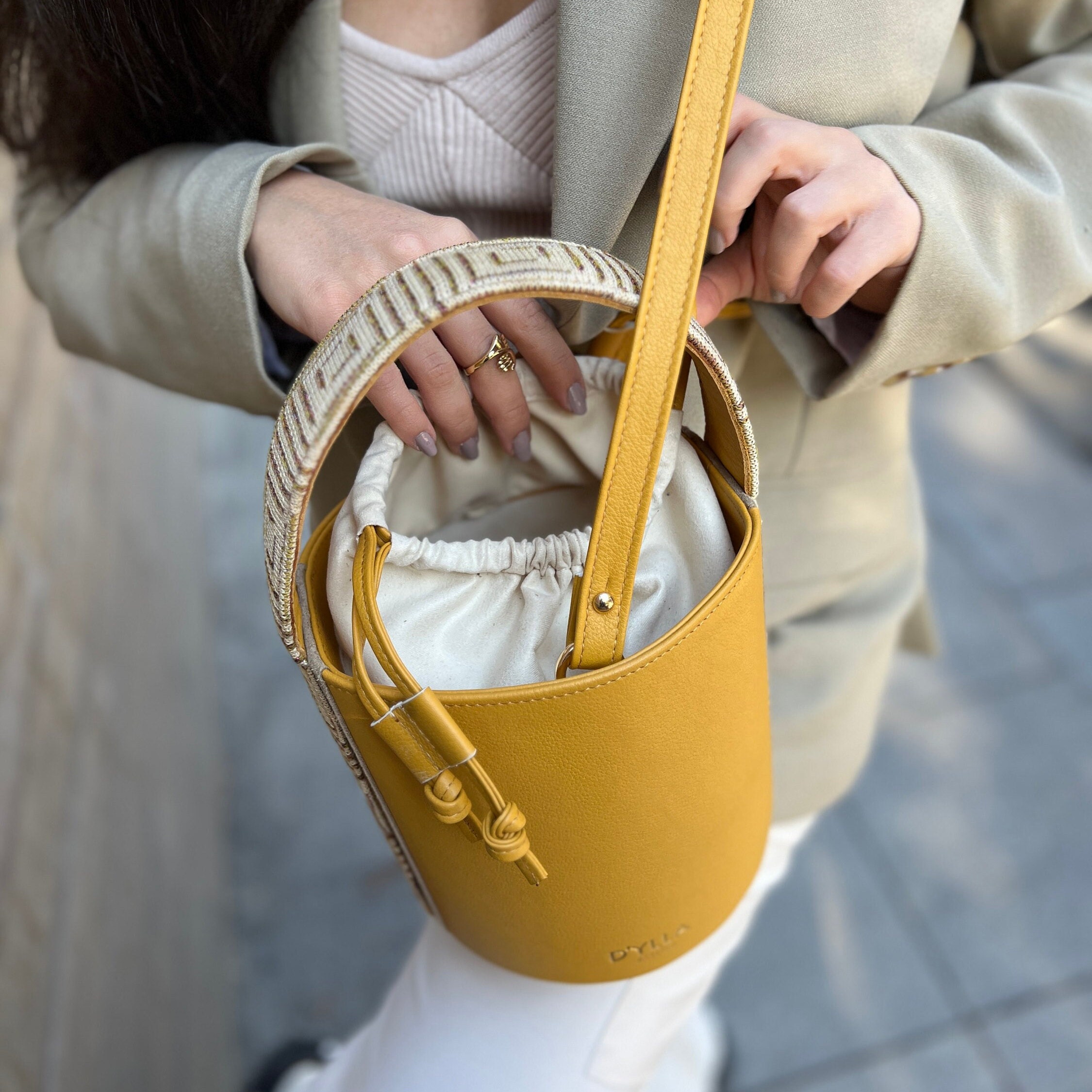 Leather Bucket Bag, Yellow Shoulder Bag for Woman, Elegant Handbag ...