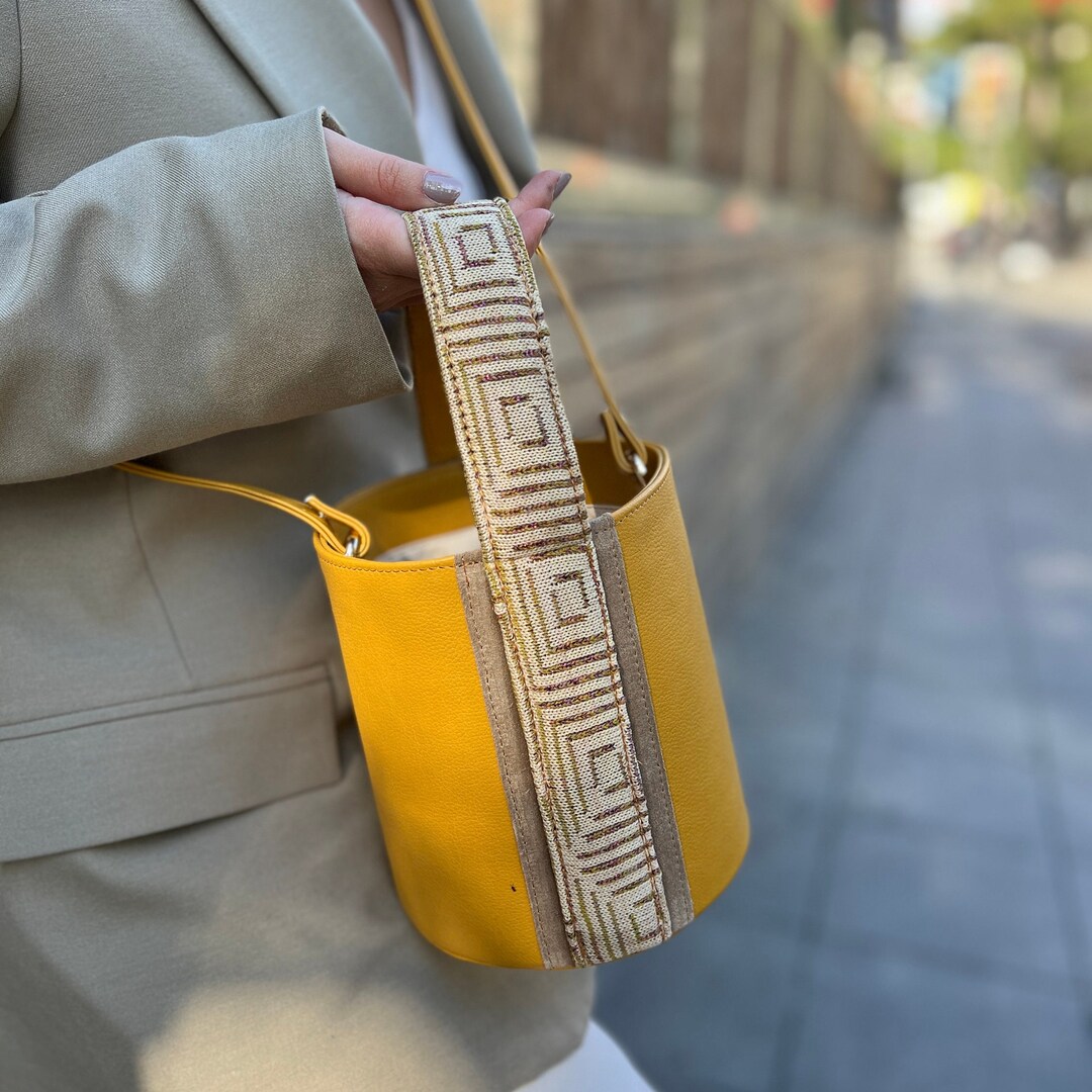 Leather Bucket Bag Yellow Shoulder Bag for Woman Elegant Handbag ...