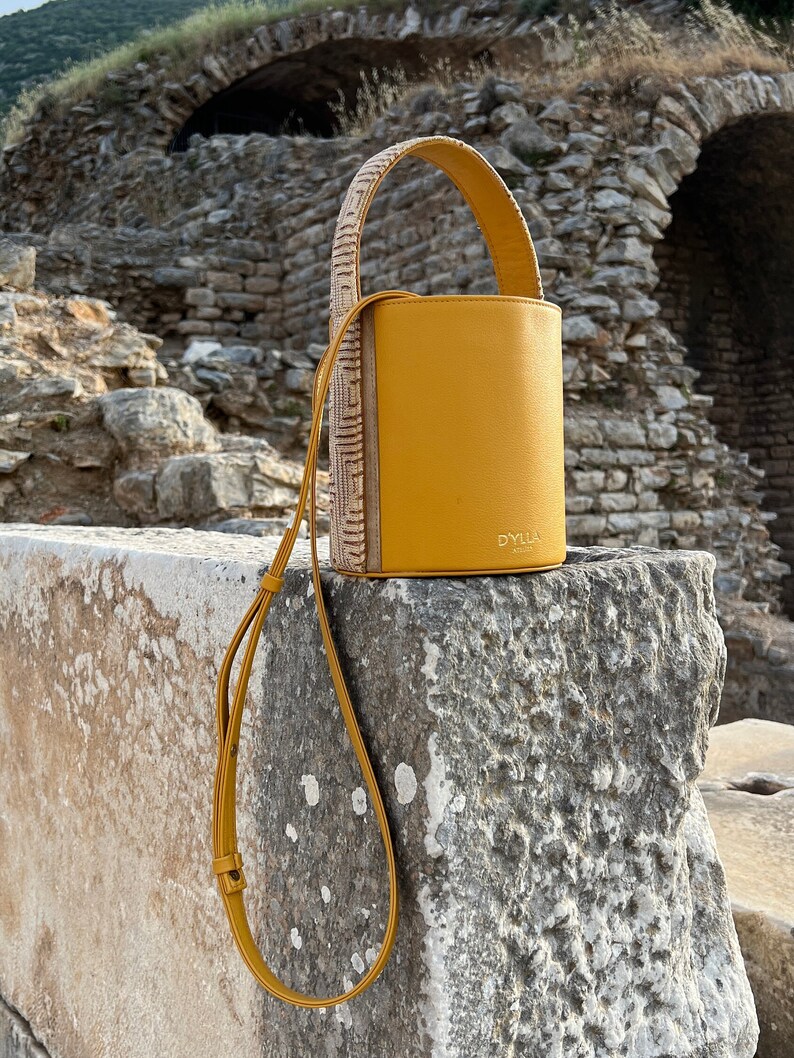 Leather Bucket Bag, Yellow Shoulder Bag for Woman, Elegant Handbag ...