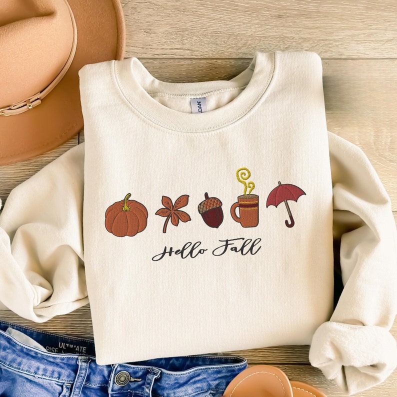 Hello Fall Embroidered Sweatshirt Cute Retro Sweater, Embroidered ...