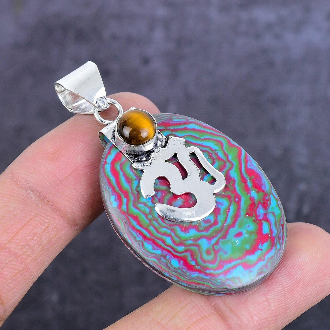 Multi Colors Jasper OM Pendant, and Round Shape Tiger Eye Pendant, Handcrafted Necklace, Jasper ...