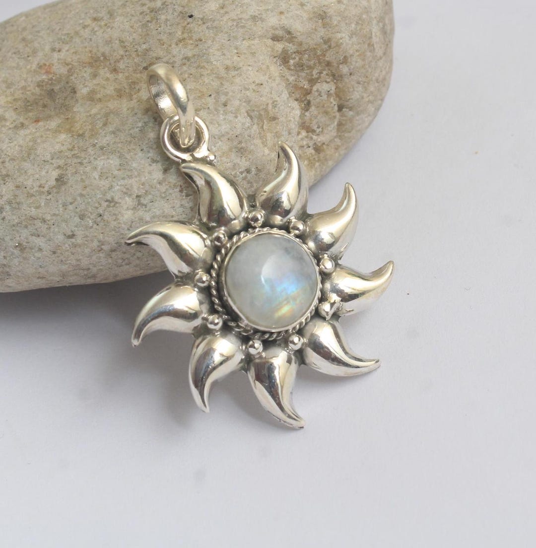 Handmade Rainbow Moonstone Sun Pendant – Sterling Silver Round Gemstone ...