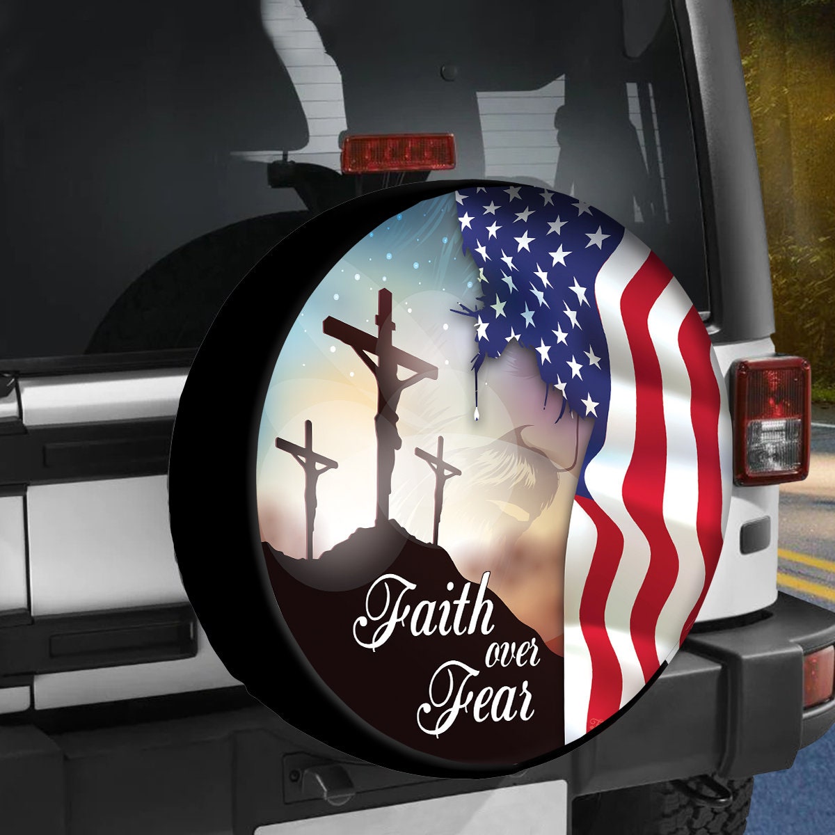 Jesus Cross, American Flag, Faith Over Fear Tire Cover, Car Accessories ...